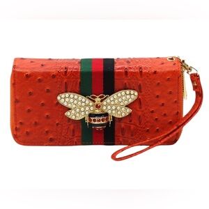 Bags | Queen Bee Strip Ostrich Double Zip Around Wallet Wristlet | Poshmark